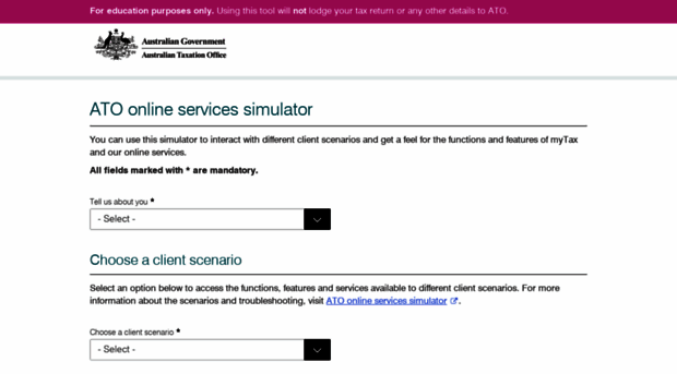 onlineservicessimulator.ato.gov.au - Simulator landing page - Onlineservices Simulator Ato Gov