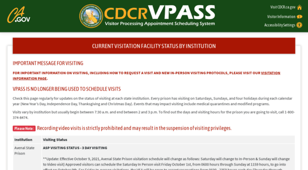 visitorreservations.cdcr.ca.gov - Visiting Facility Status ...